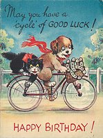 MAY YOU HAVE A 'CYCLE' OF GOOD LUCK! above cat & dog on bicycle, basket ...